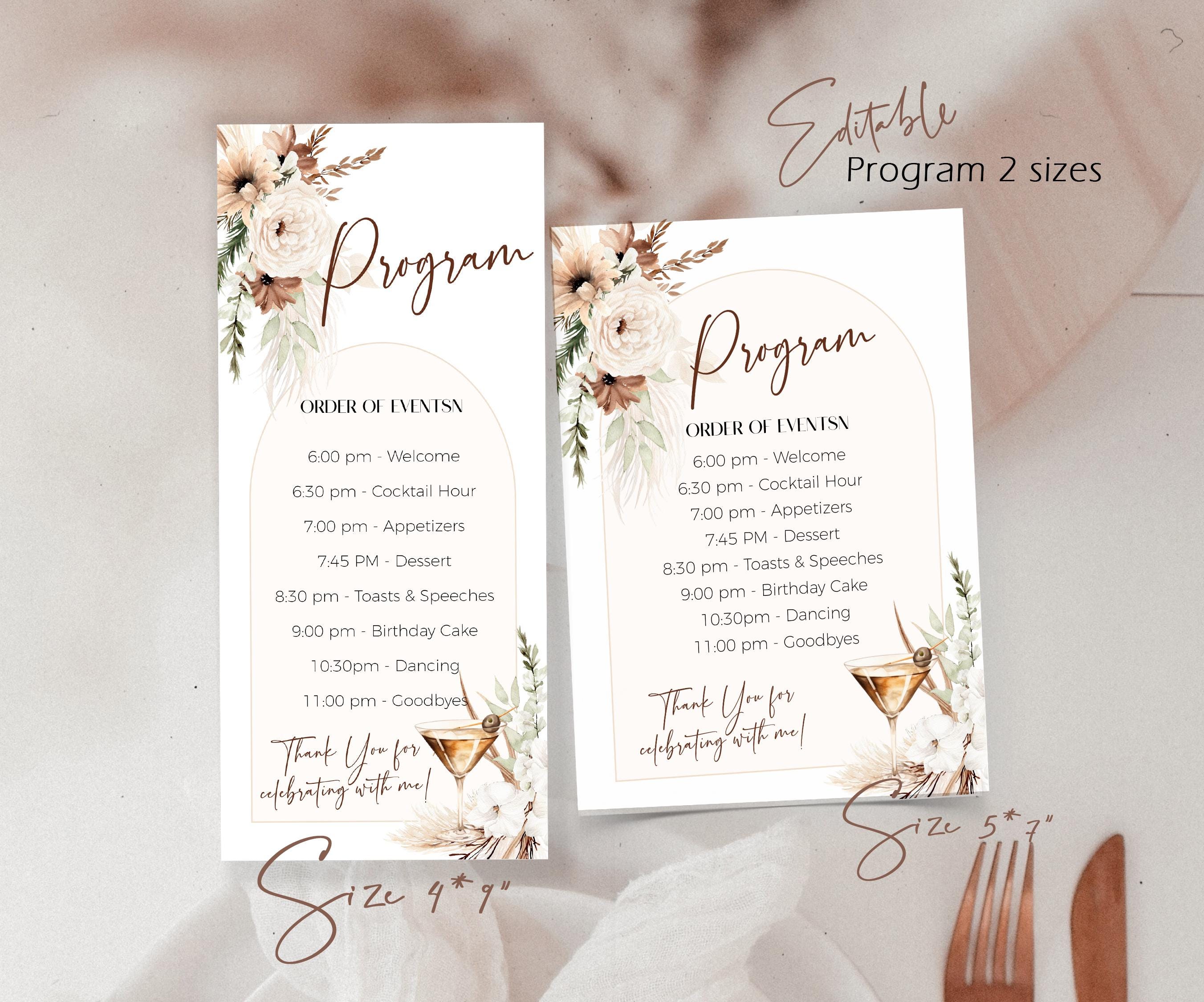 Pampas Grass Program Card Template, Editable Floral Program Card ...