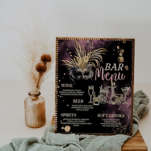 Masquerade Bar Menu Sign Template, Printable Masquerade Party Birthday ...