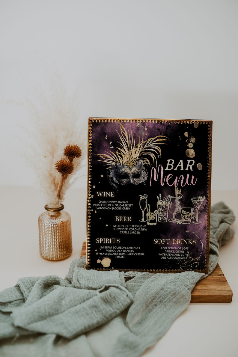 Masquerade Bar Menu Sign Template, Printable Masquerade Party Birthday ...