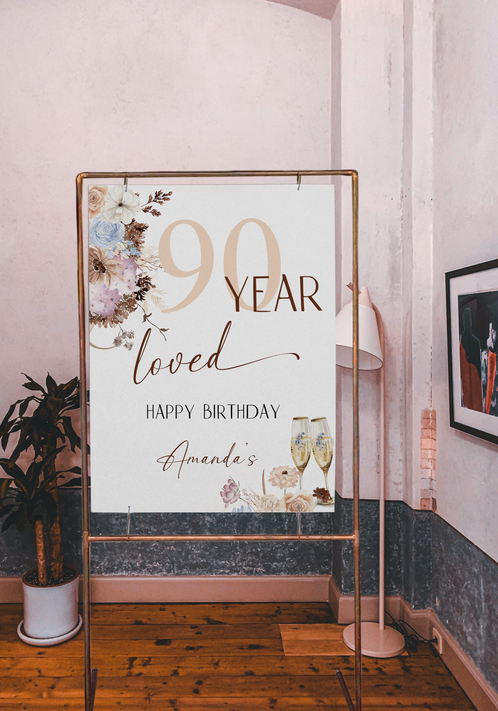 90 Years Loved Welcome Sign, Editable Boho Custom Sign, Printable 90th ...
