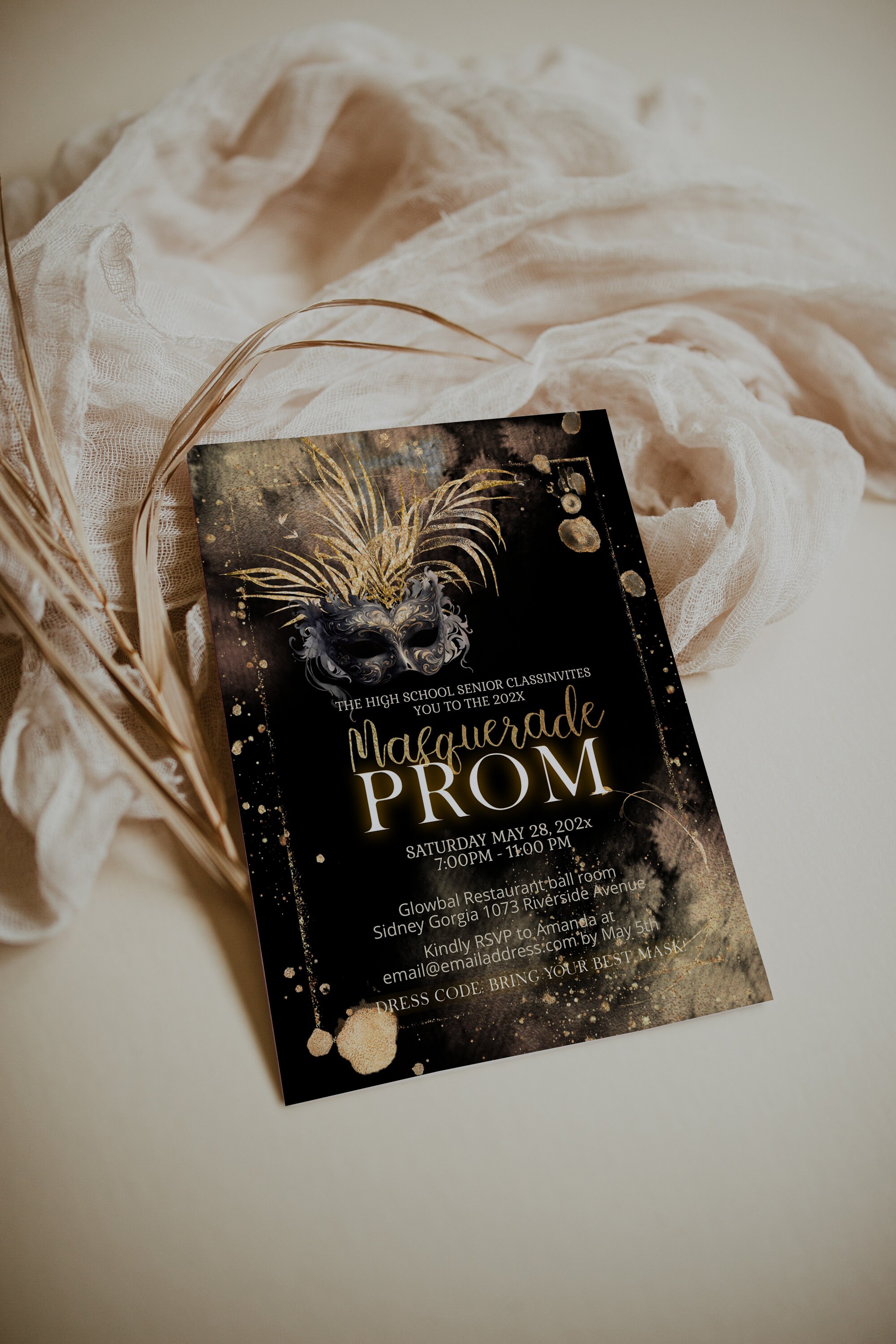 Masquerade Ball, Prom Masquerade Party Invitation Template, High School ...