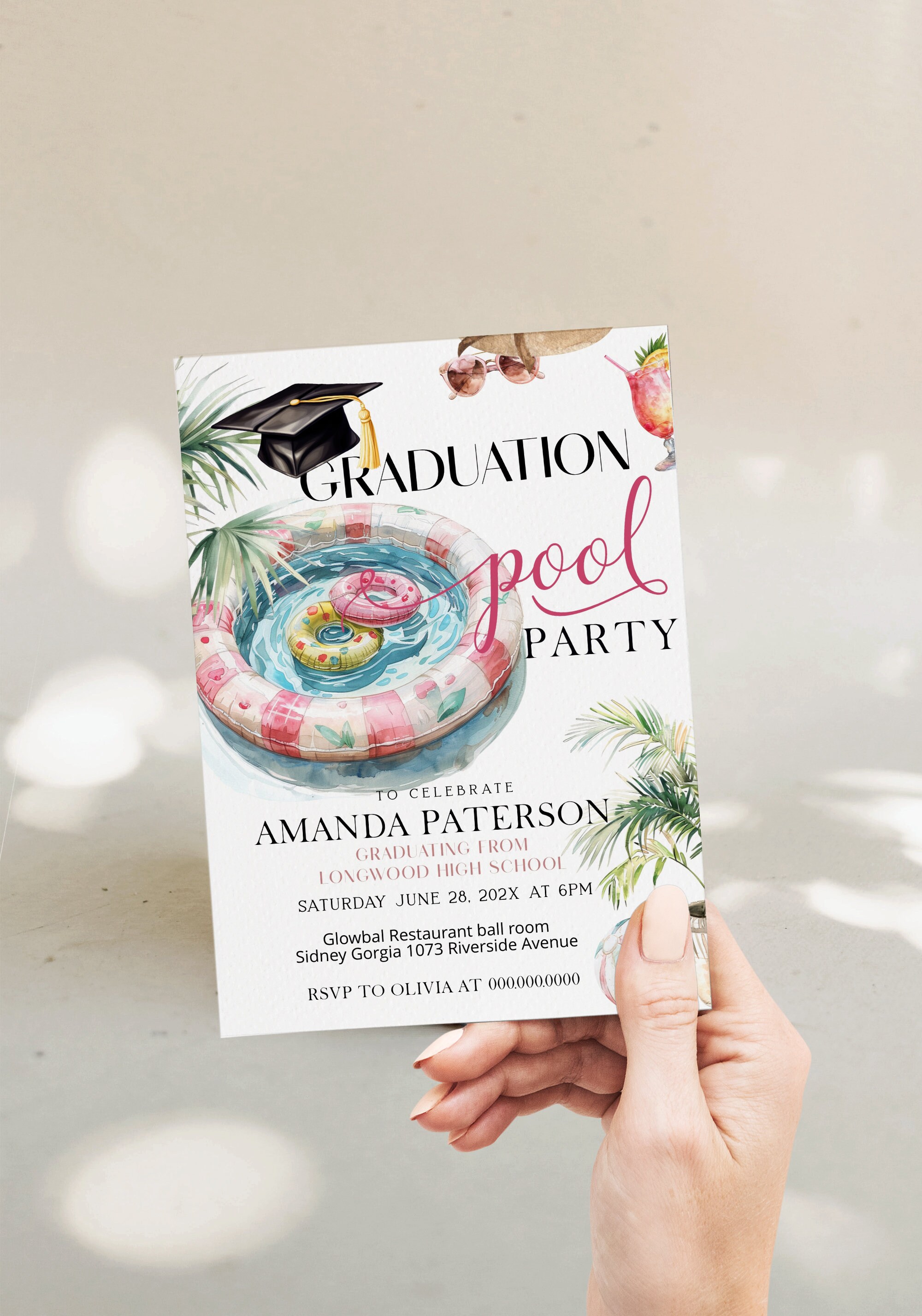 Graduation Pool Party Invitation Template, Editable College Grad Pool ...