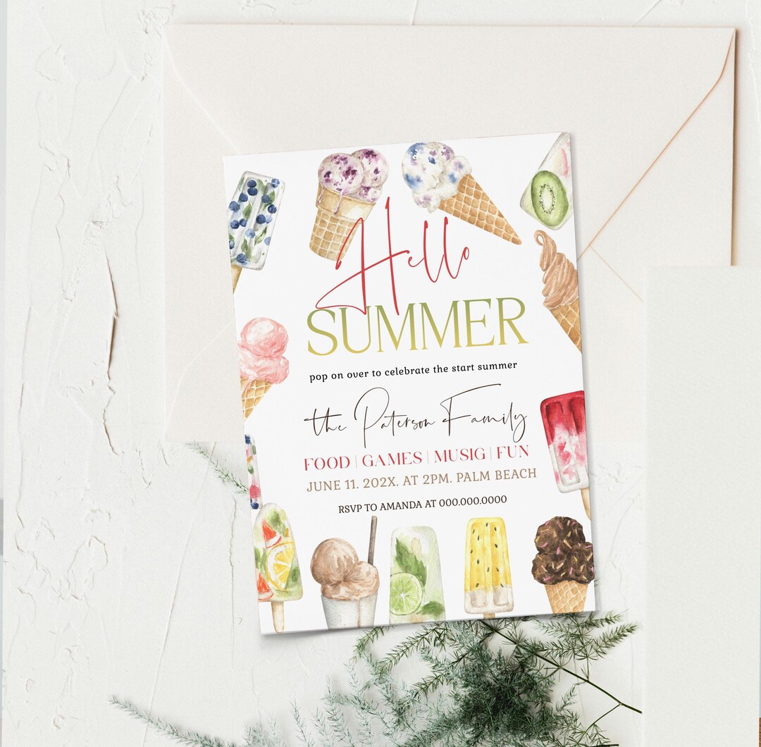 Hello Summer Invitation Template, Ice Cream Birthday Invitation, Ice ...