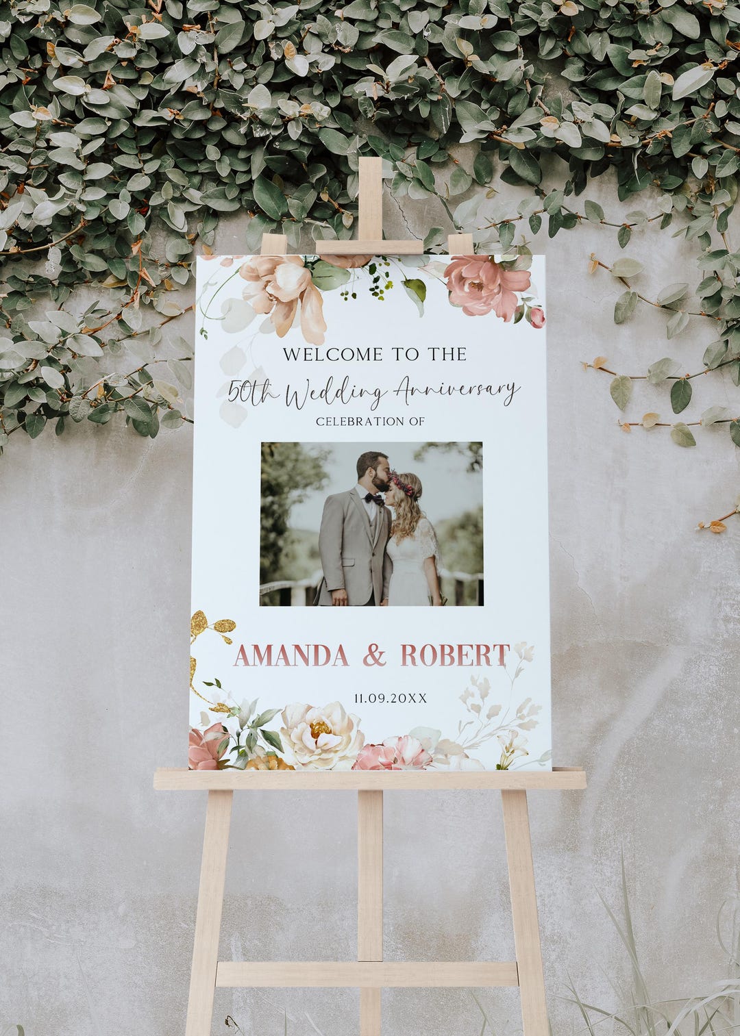 Floral 50th Anniversary Welcom Sign, Golden Wedding Celebration Poster ...