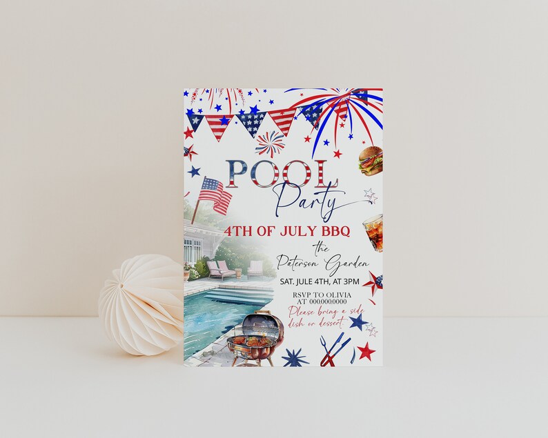 4th of July Pool Party Invitation Template, Independence Day Barbeque ...