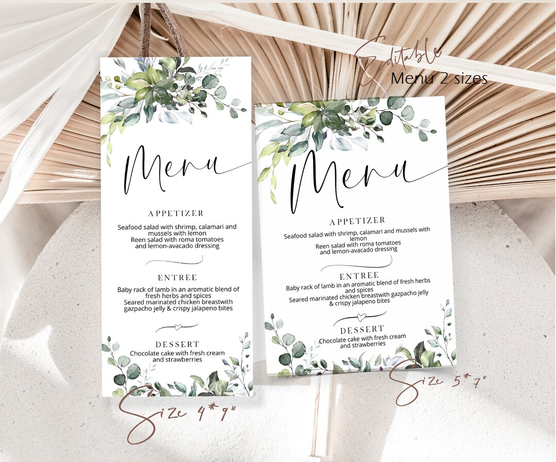 Greenery Menu Cards Template, Eucalyptus Wedding Menu, Party Menu ...