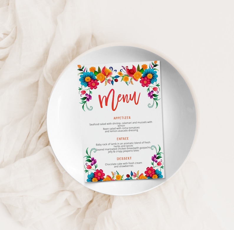 Fiesta Menu Card, Editable Mexican Flowers Party Menu, Mexican Menu ...