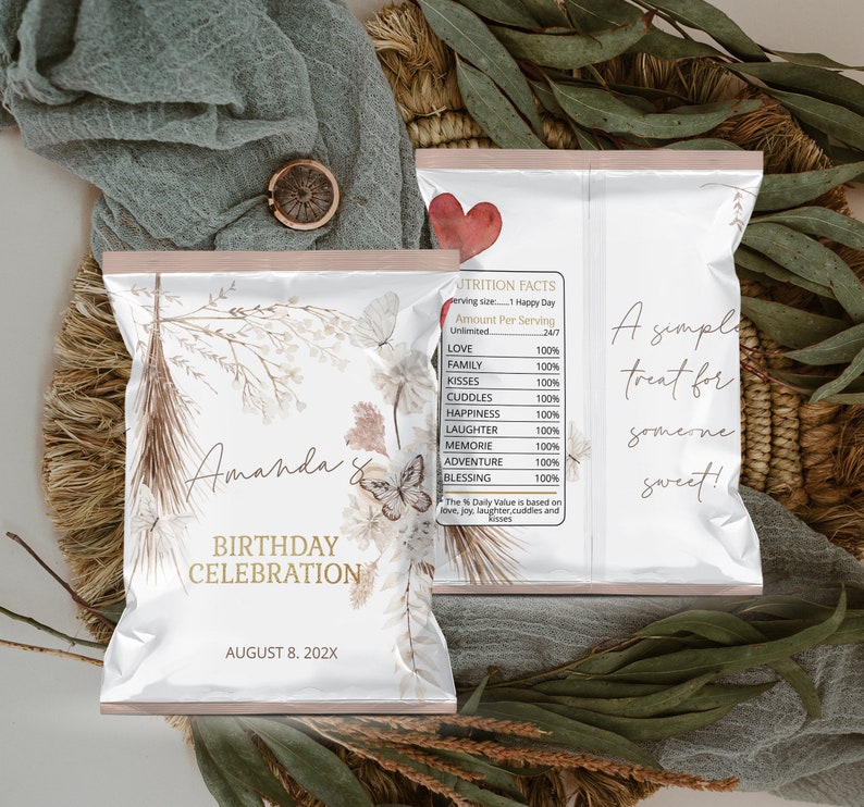 Pampas Grass Birthday Party Chip Bag, Butterfly Chip Bag, Editable Boho ...