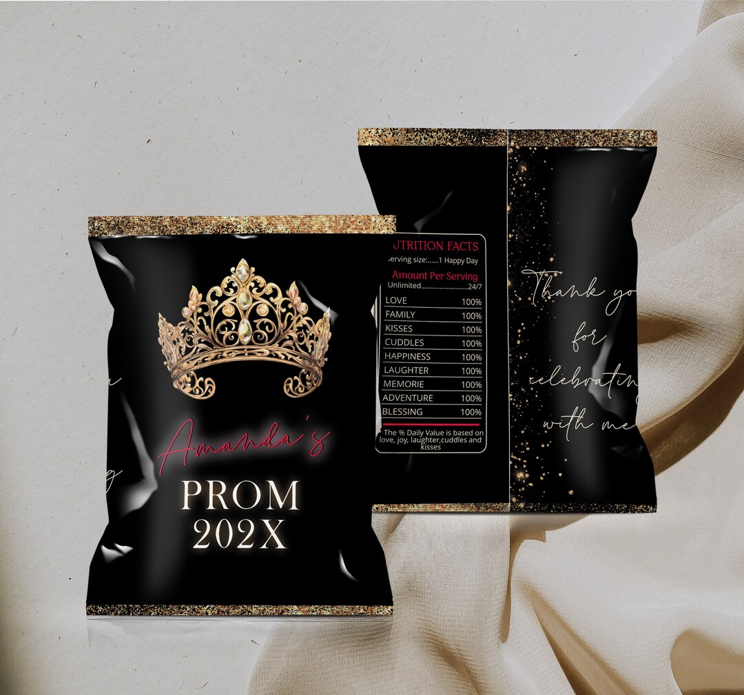 Prom Chip Bag, Printable Black Gold Prom Party Chip, Editable Custom ...