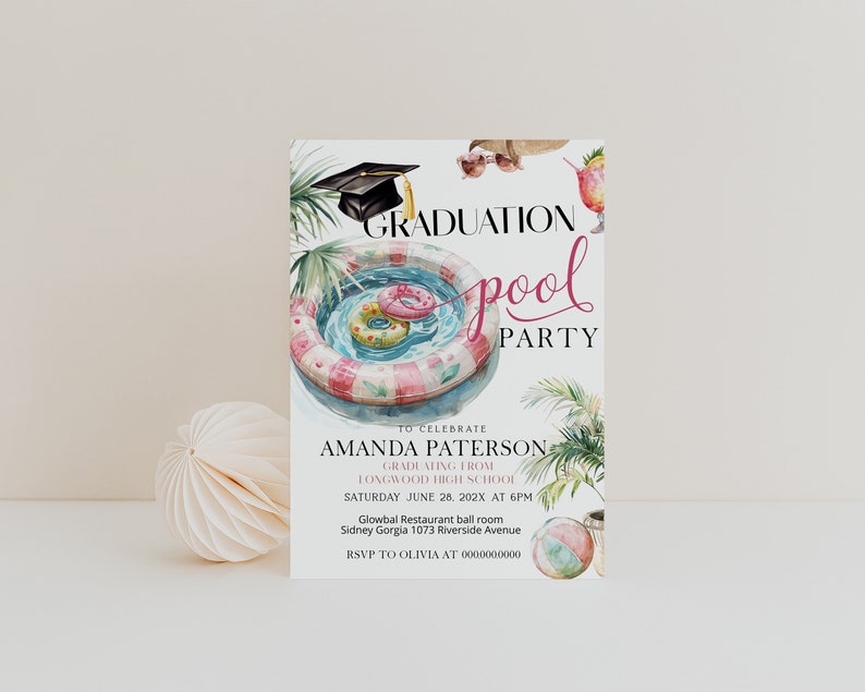 Graduation Pool Party Invitation Template, Editable College Grad Pool ...