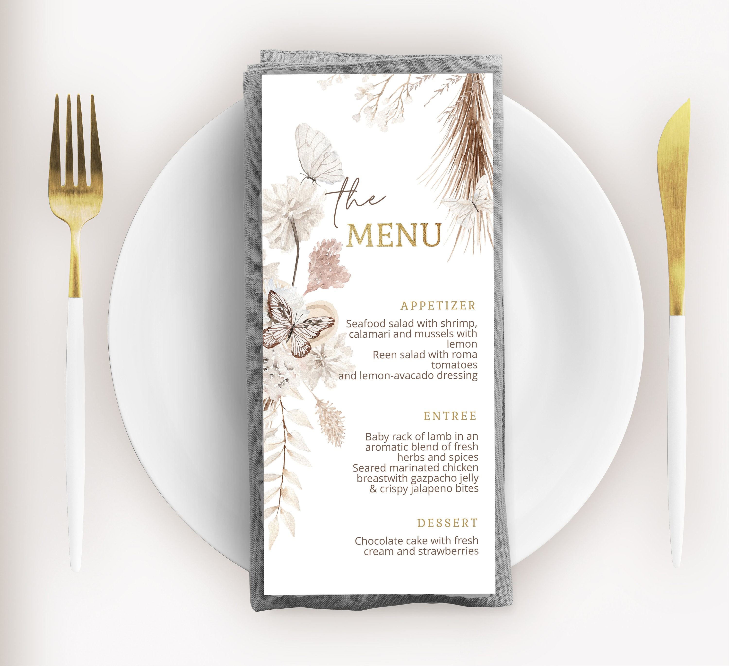 Editable Menu Card Template, Pampas Grass Menu, Boho Menu Card, Wedding ...