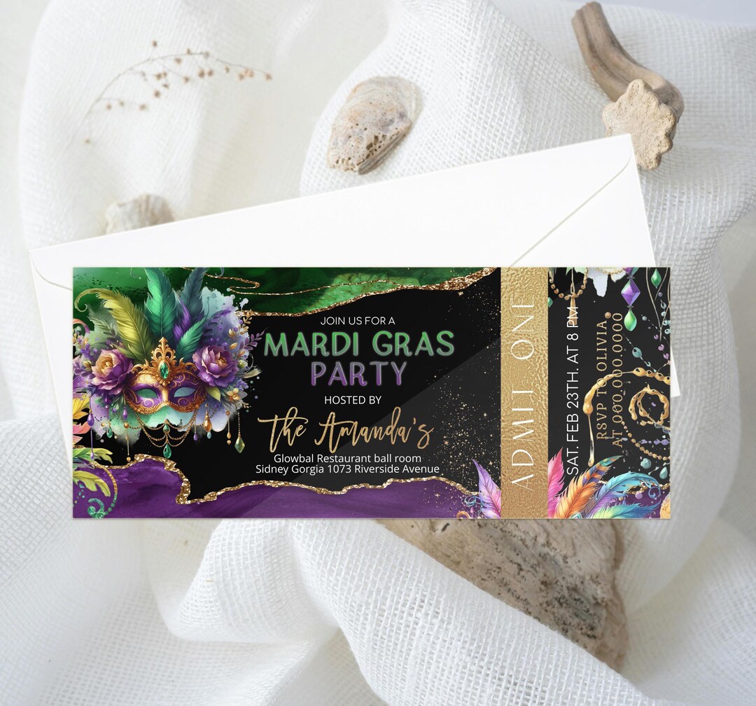 Mardi Gras Party Ticket Invitation Template, Editable Mardi Gras Ticket ...