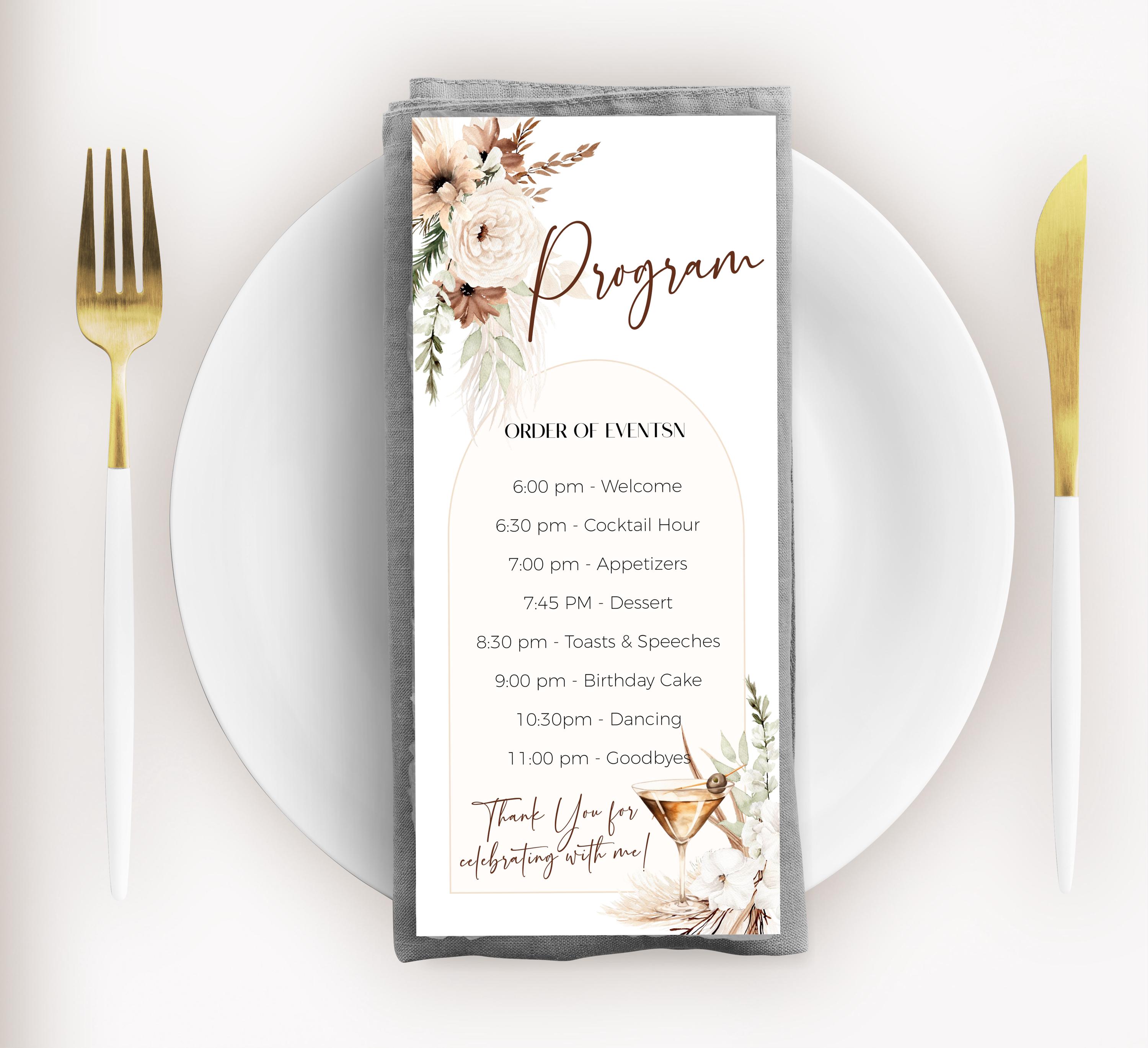 Pampas Grass Program Card Template, Editable Floral Program Card ...