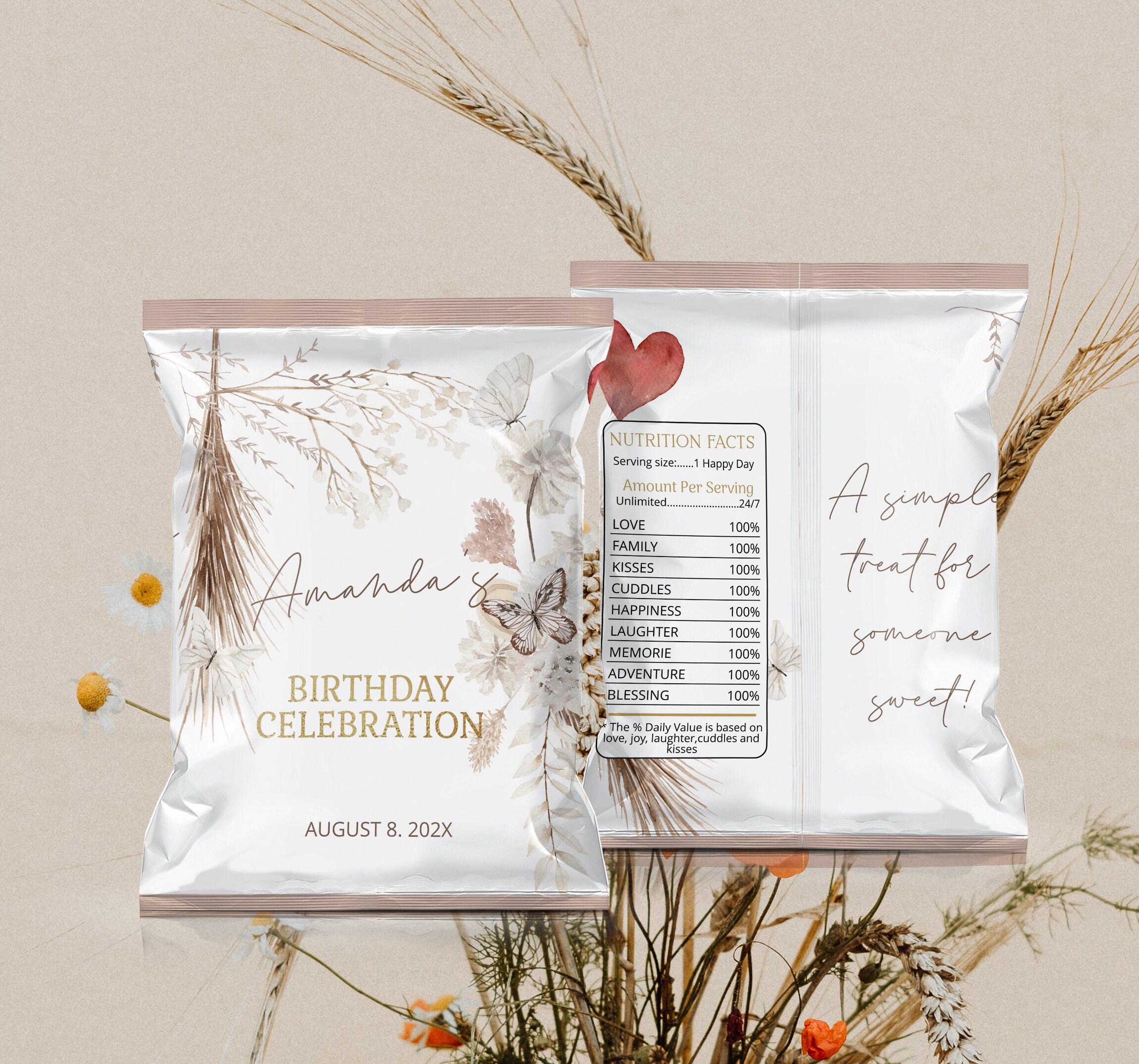 Pampas Grass Birthday Party Chip Bag, Butterfly Chip Bag, Editable Boho ...