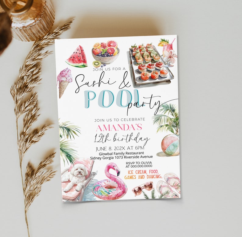 Sushi Pool Birthday Party Invitation, Japanese Theme, Sushi Roll ...