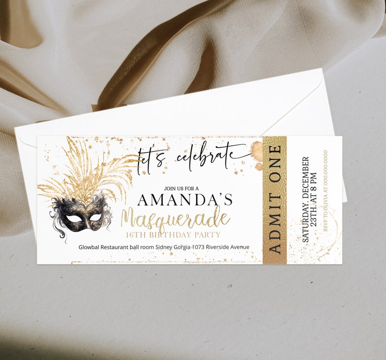Masquerade Birthday Party Ticket Invitation, Editable Birthday Party ...