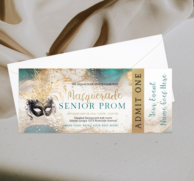 Masquerade Senior Prom Ticket, Editable Masquerade Ball Ticket, Prom ...