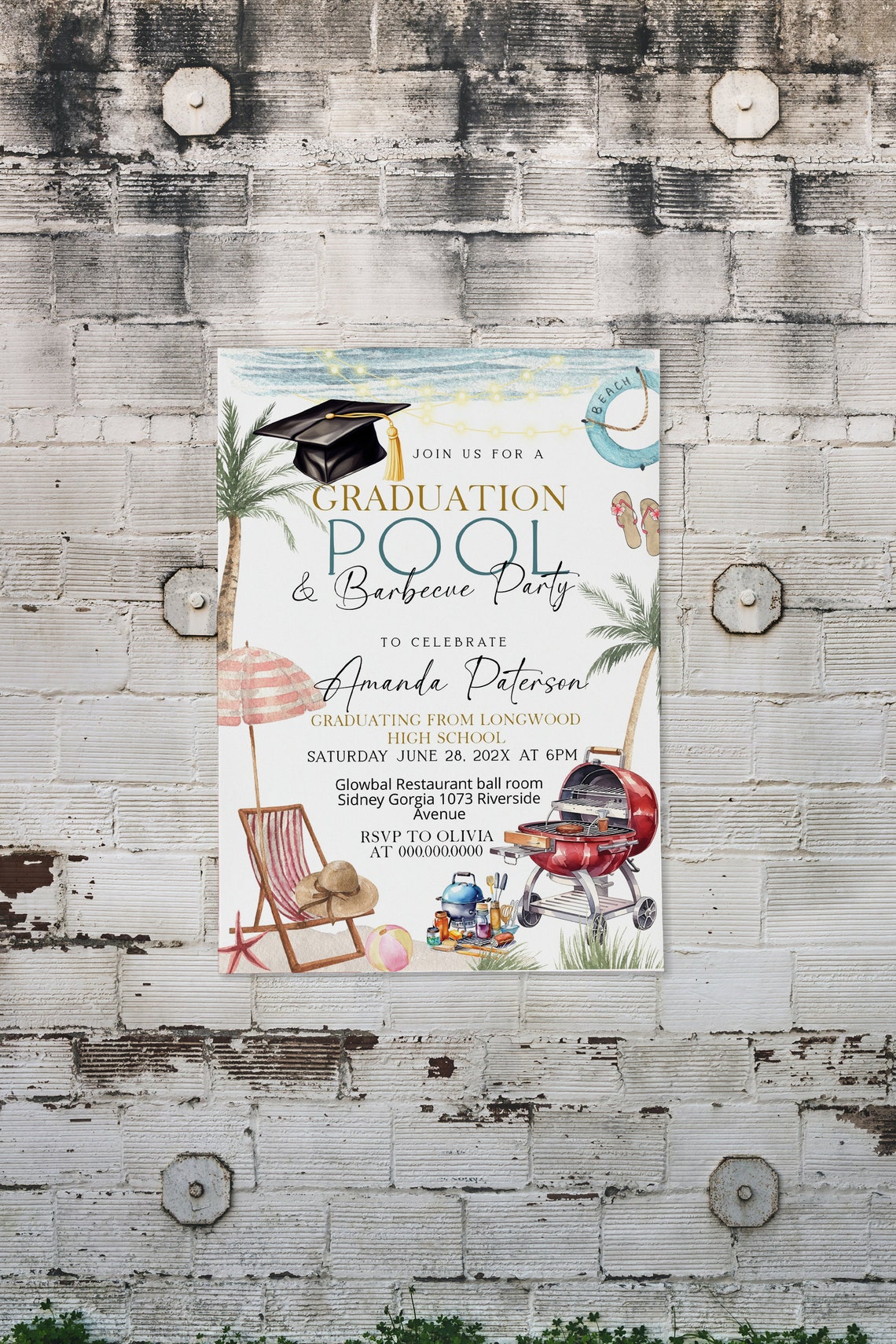 Pool & Bbq Graduation Party Invitation Template, BBQ Graduation ...