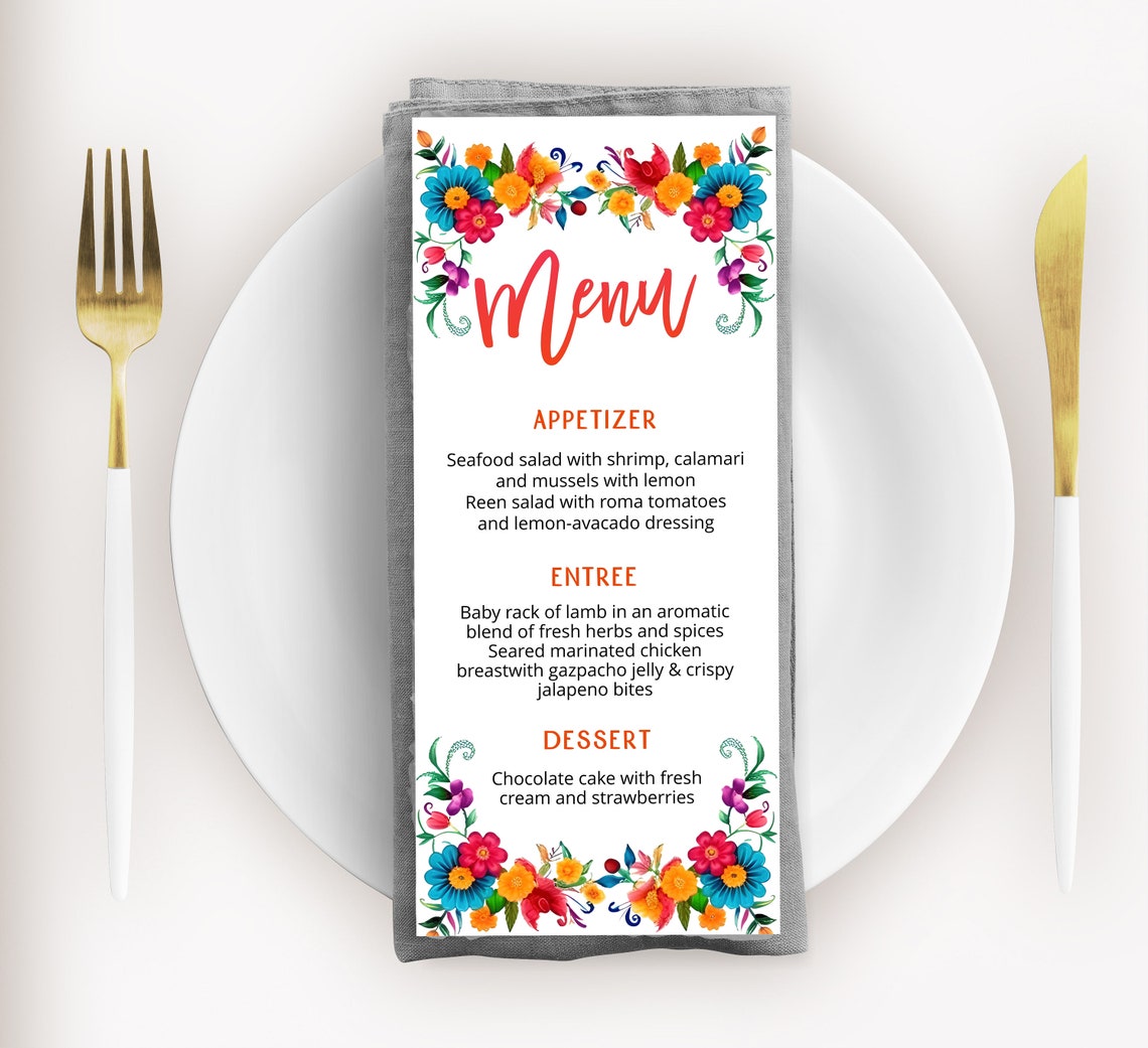Fiesta Menu Card, Editable Mexican Flowers Party Menu, Mexican Menu ...