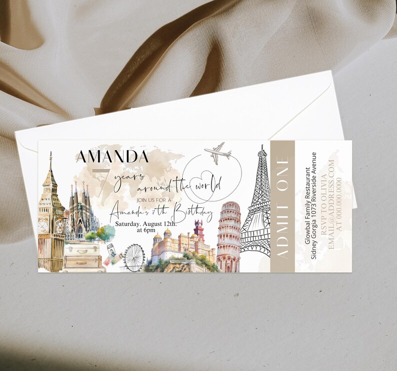 Around the World Birthday Ticket Invite, World Map, Travel Party Ticket ...