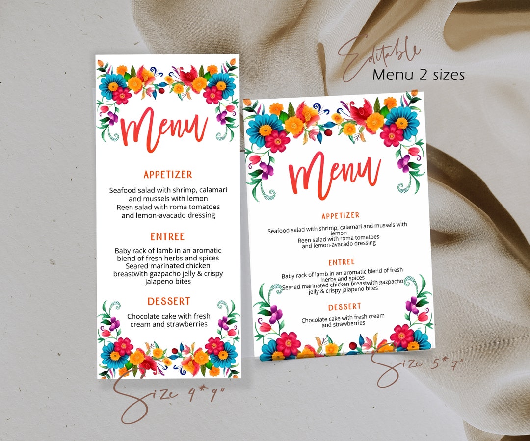Fiesta Menu Card, Editable Mexican Flowers Party Menu, Mexican Menu ...
