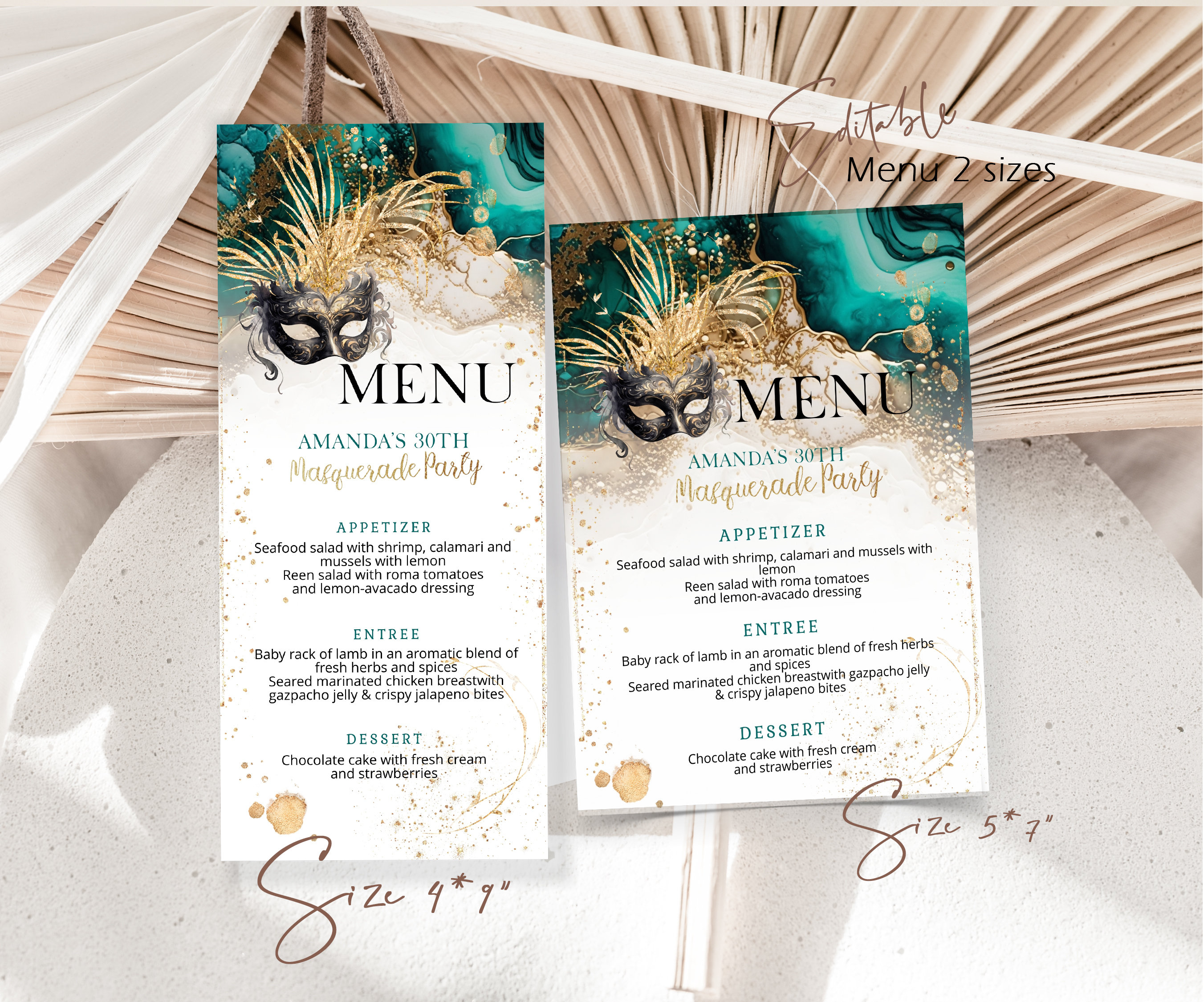 Green Gold Masquerade Menu Card Template, Editable Masquerade Menu Card ...