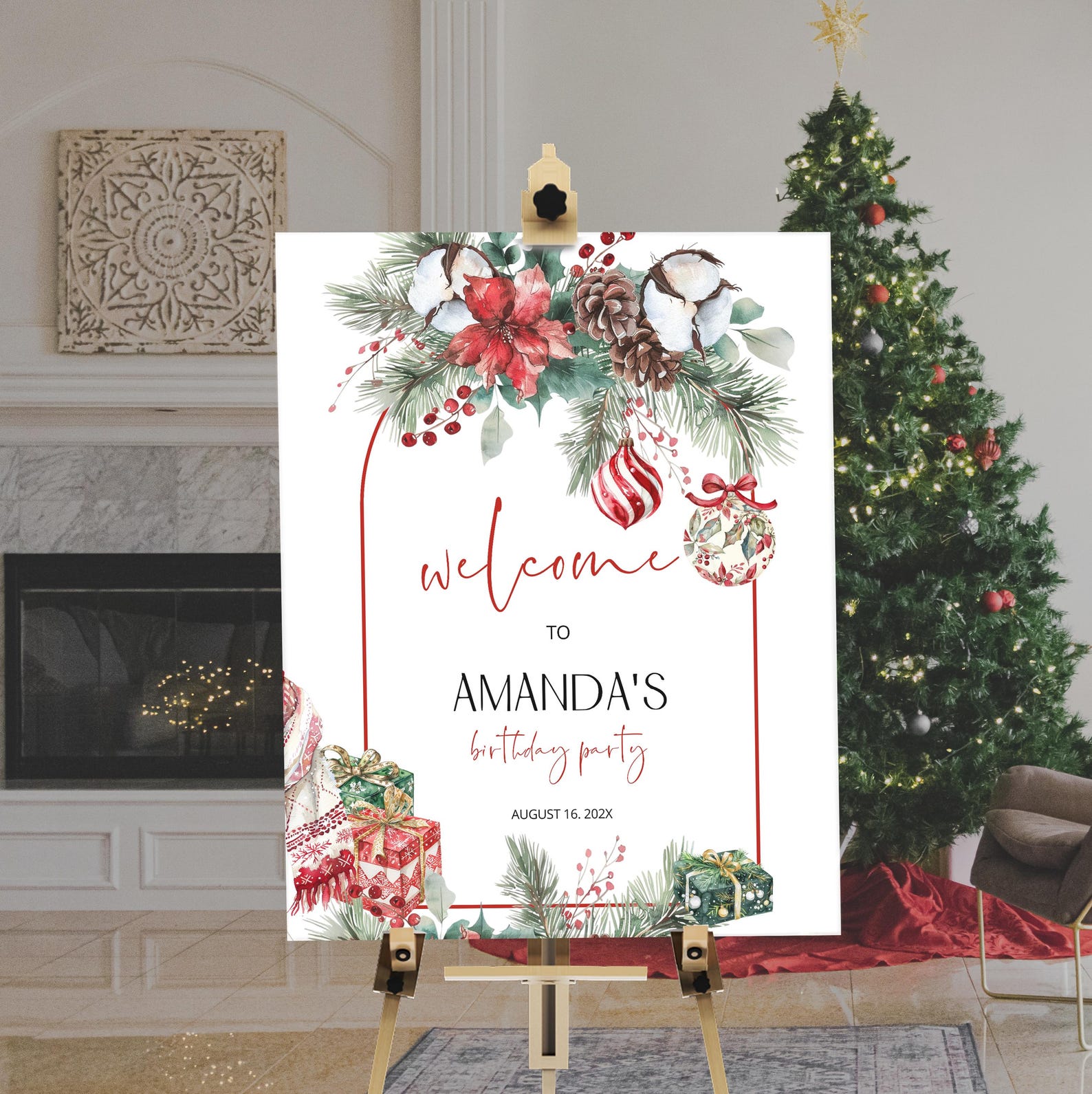 Christmas Birthday Party Welcome Sign, Christmas Party Poster, Editable ...