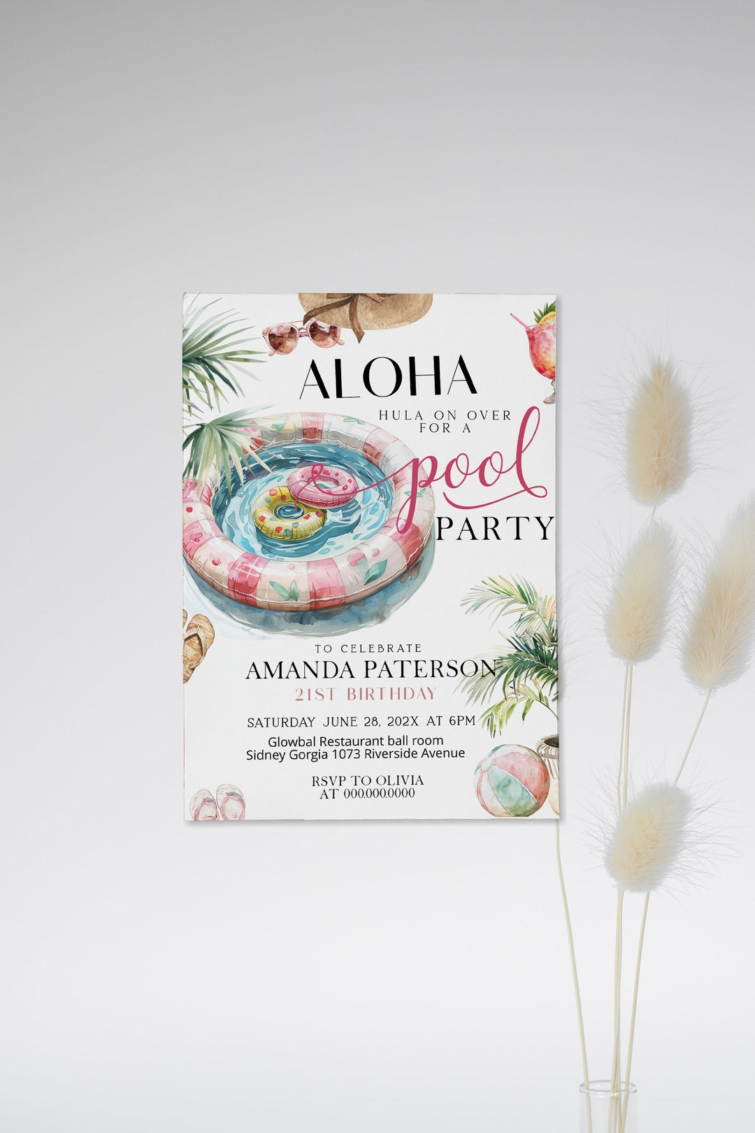 Aloha Pool Invitation Template, Editable 21st Birthday Invite, Tropical ...