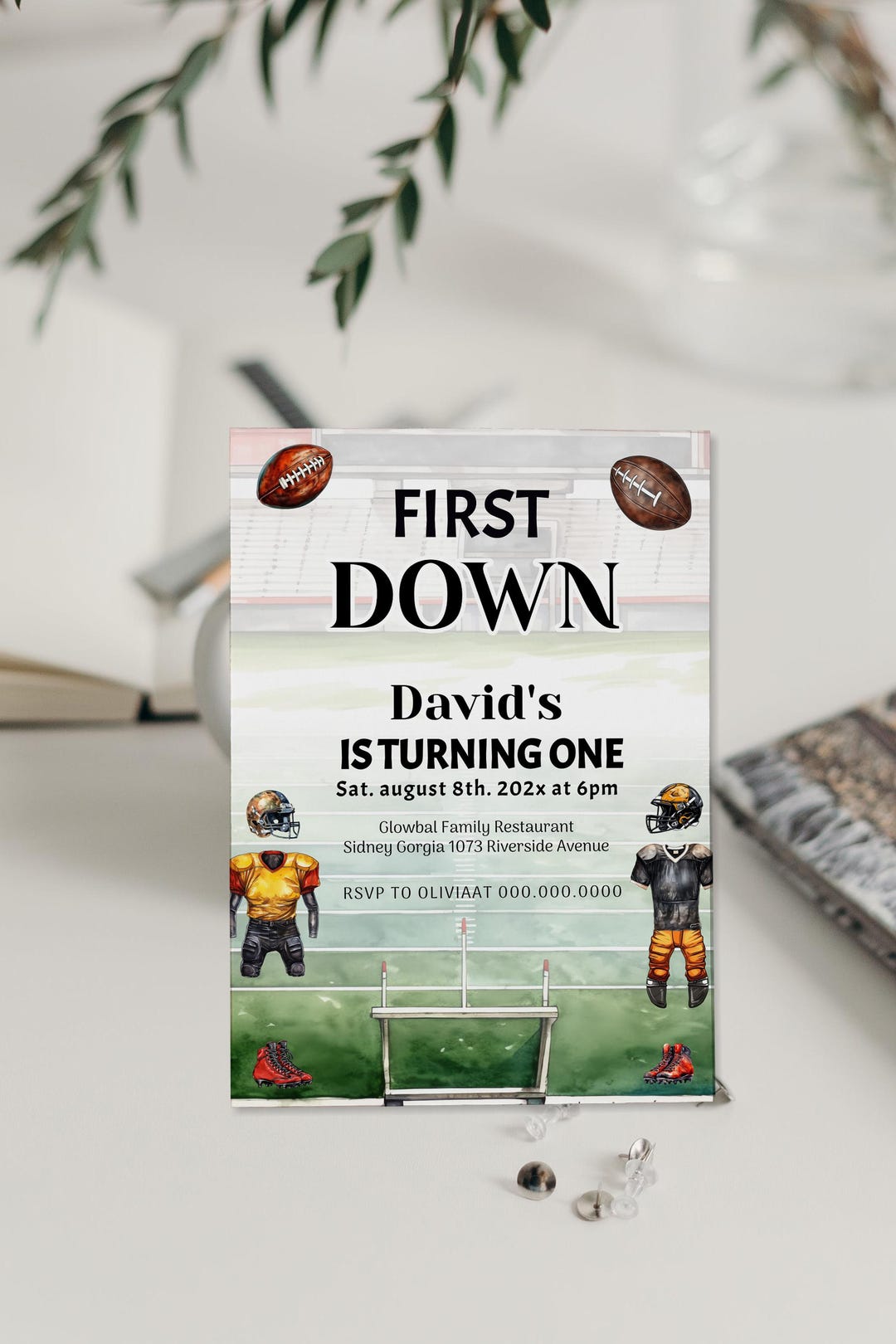 First Year Down Birthday Invitation, Football 1st Birthday Party Invite ...