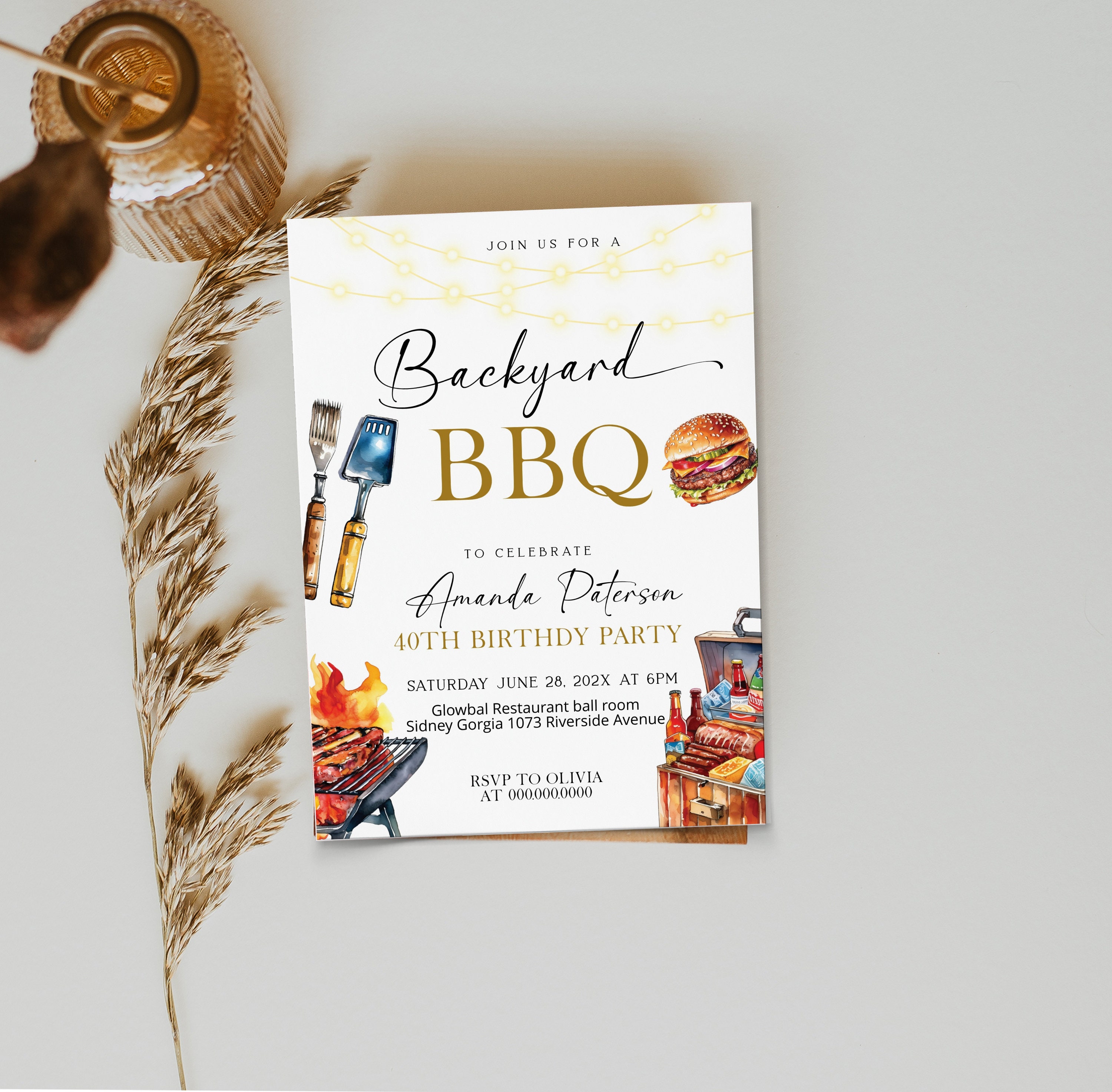 BBQ 40th Birthday Party Invitation, Editable Backyard Grill Invitation ...