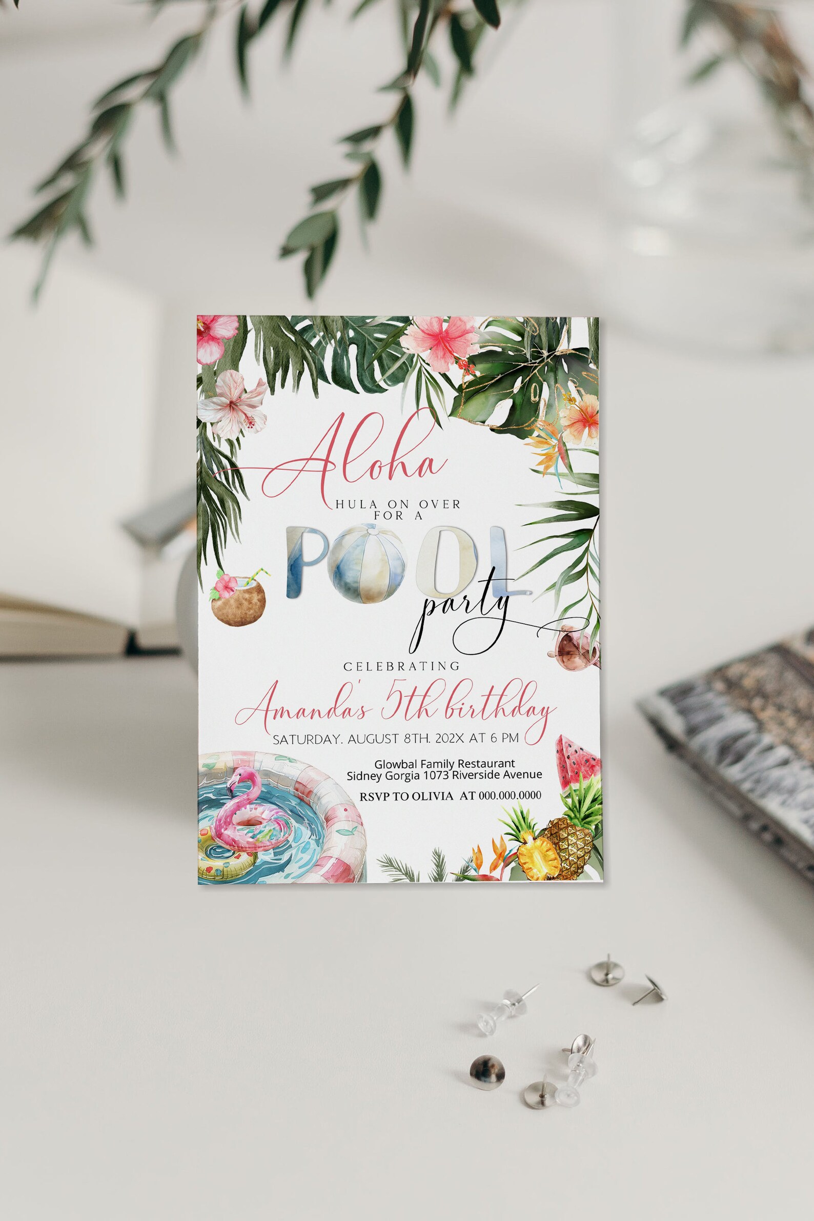 Aloha Pool Invitation Template, Editable 5th Birthday Invite, Tropical ...