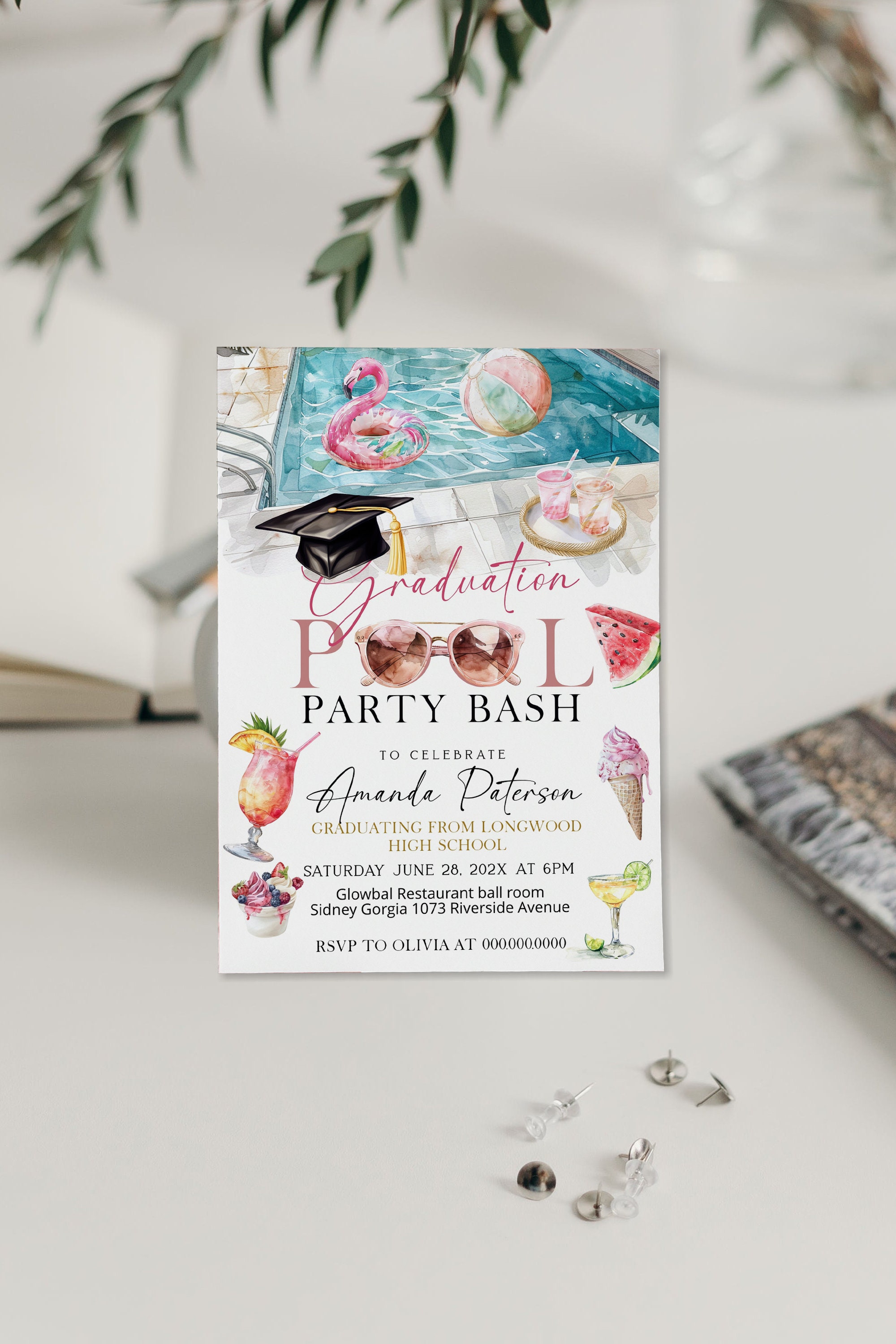 Graduation Pool Party Invitation Template, Beach Graduation Invitation ...