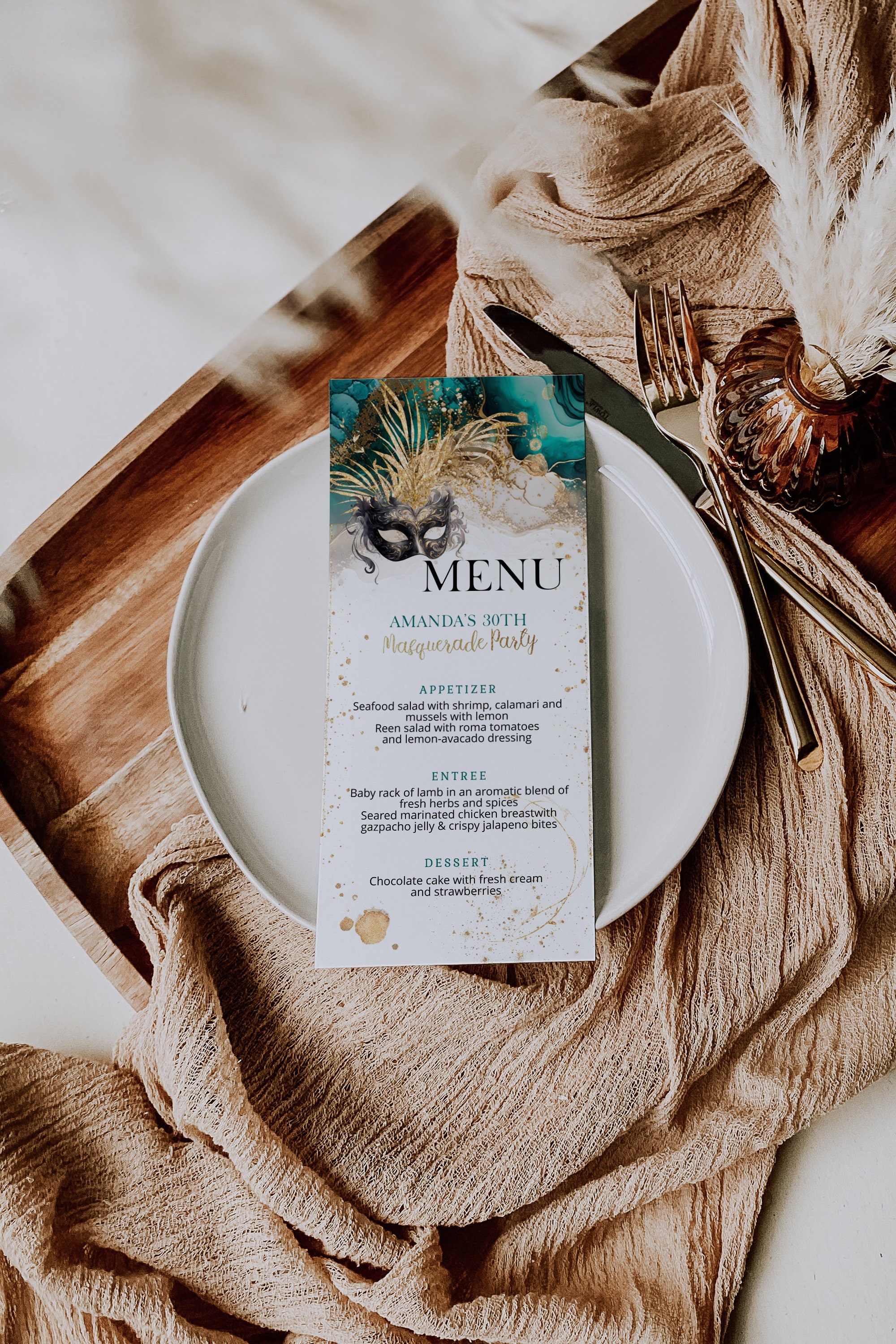 Green Gold Masquerade Menu Card Template, Editable Masquerade Menu Card ...