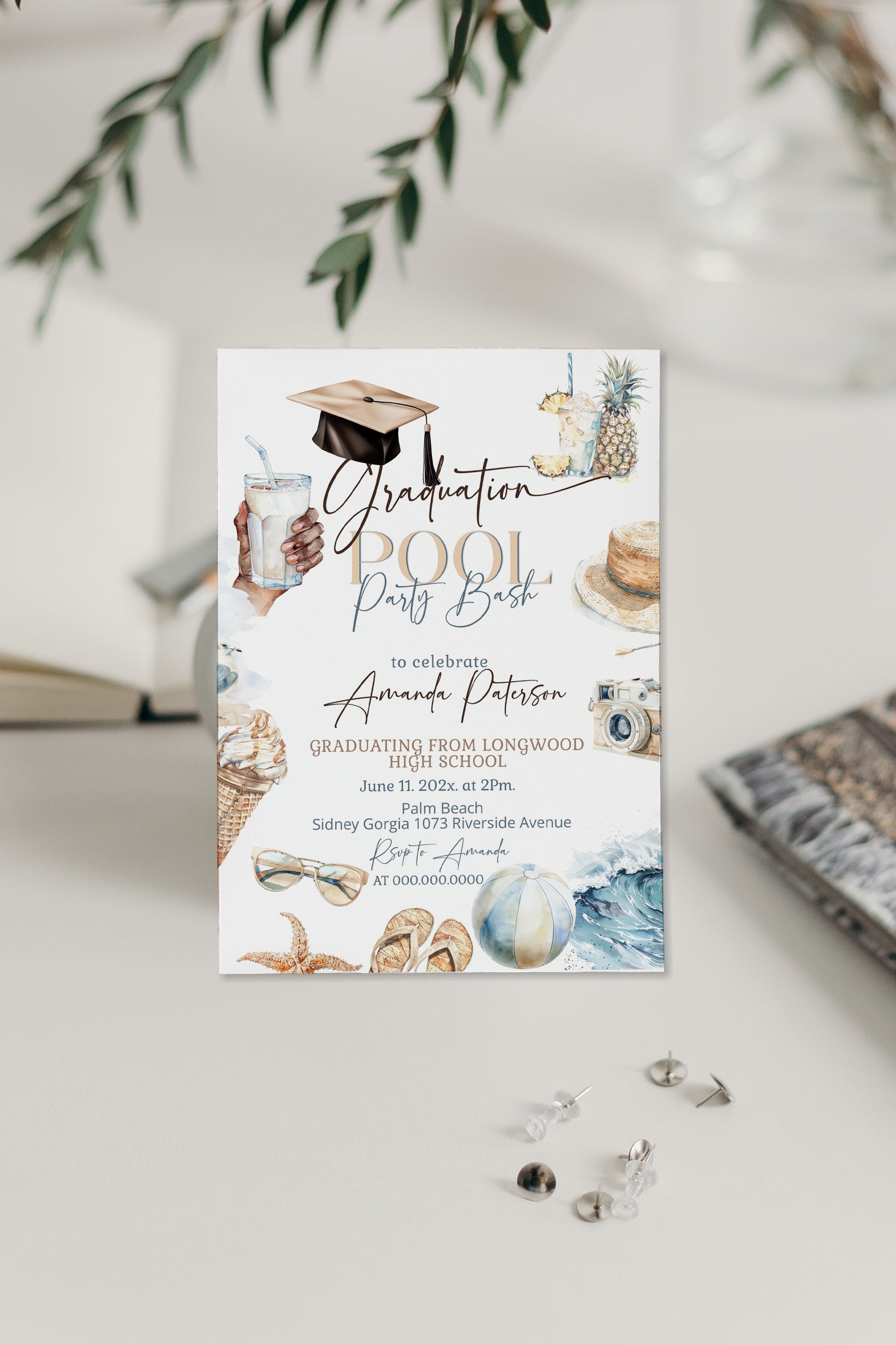 Pool Graduation Party Invitation Template, Editable College Grad Pool ...