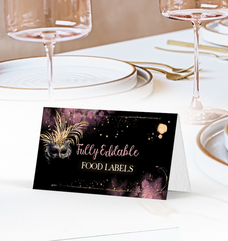 Masquerade Birthday Party Food Card, Editable Food Label Tent Card ...