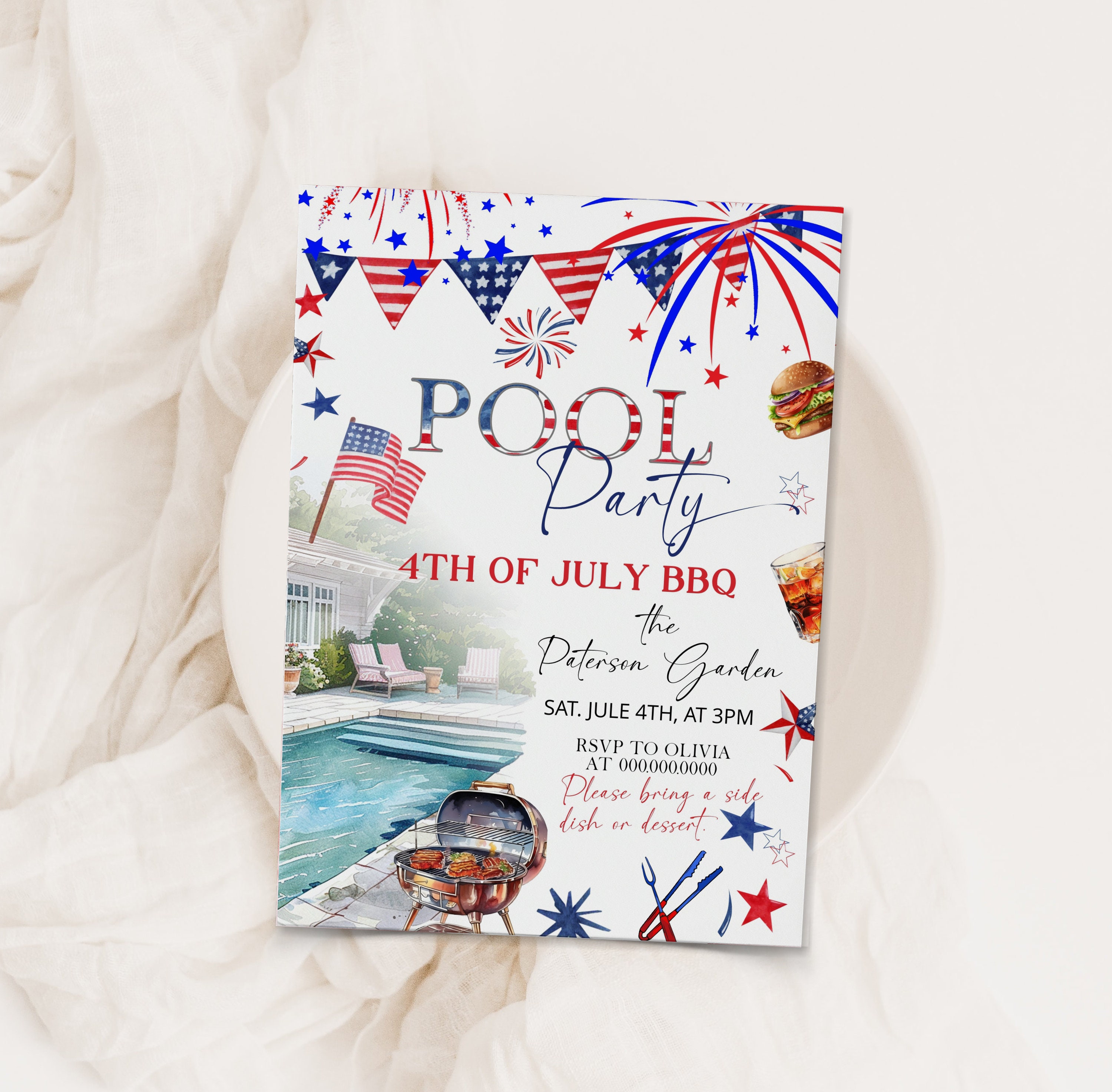 4th of July Pool Party Invitation Template, Independence Day Barbeque ...