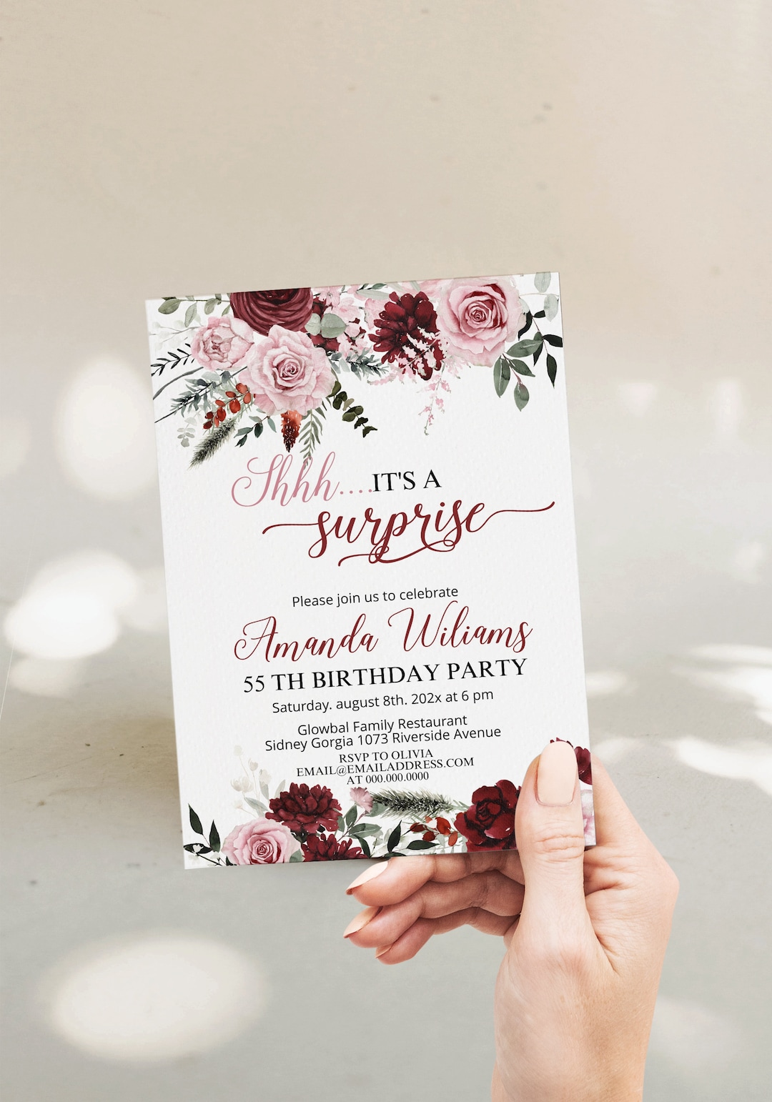 Shhh It's a Surprise Birthday Invitation for Women, Burgundy and Pink ...