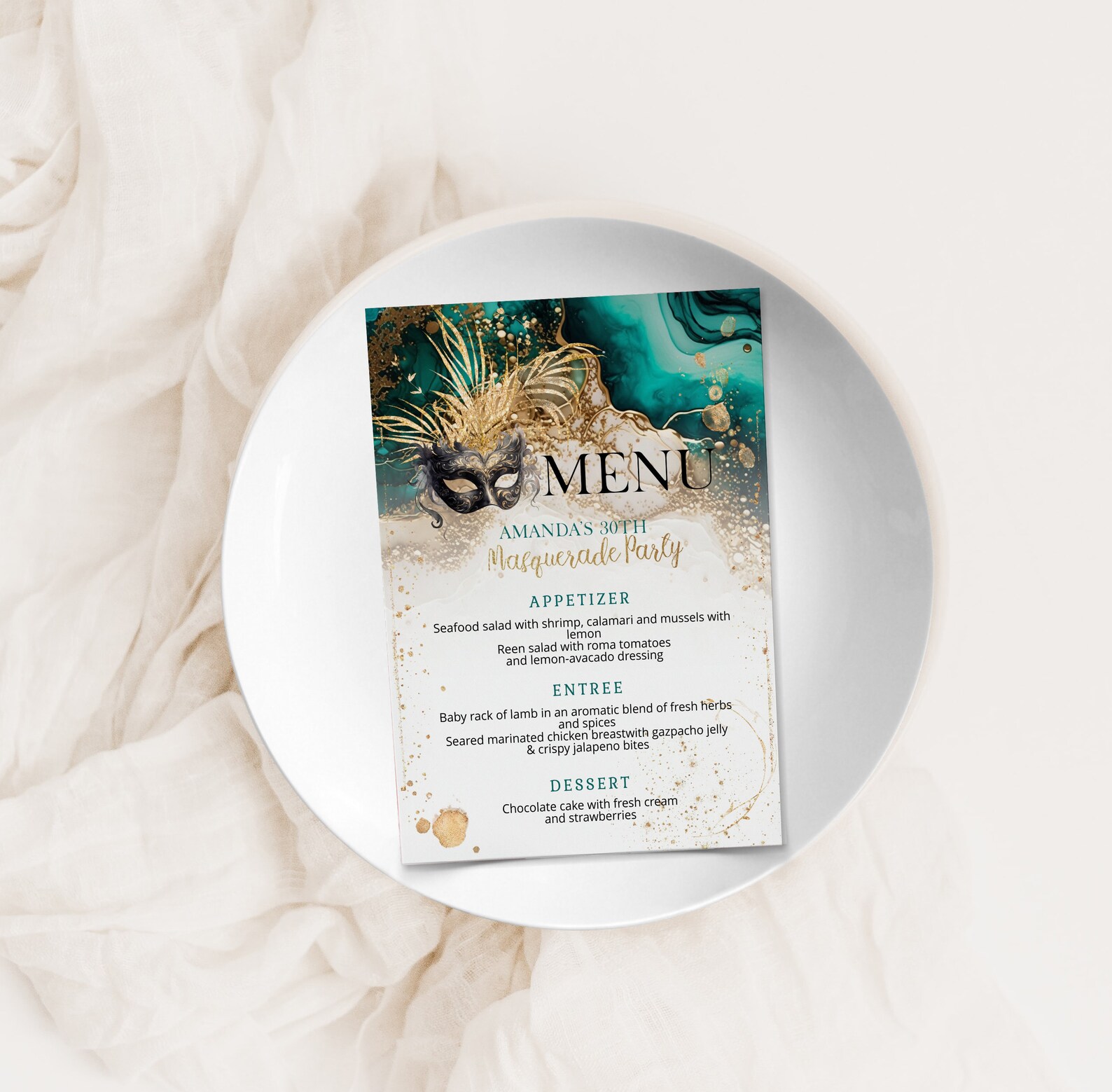 Green Gold Masquerade Menu Card Template, Editable Masquerade Menu Card ...