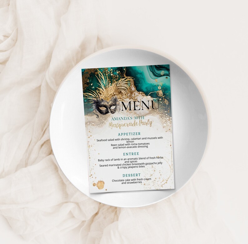 Green Gold Masquerade Menu Card Template, Editable Masquerade Menu Card ...