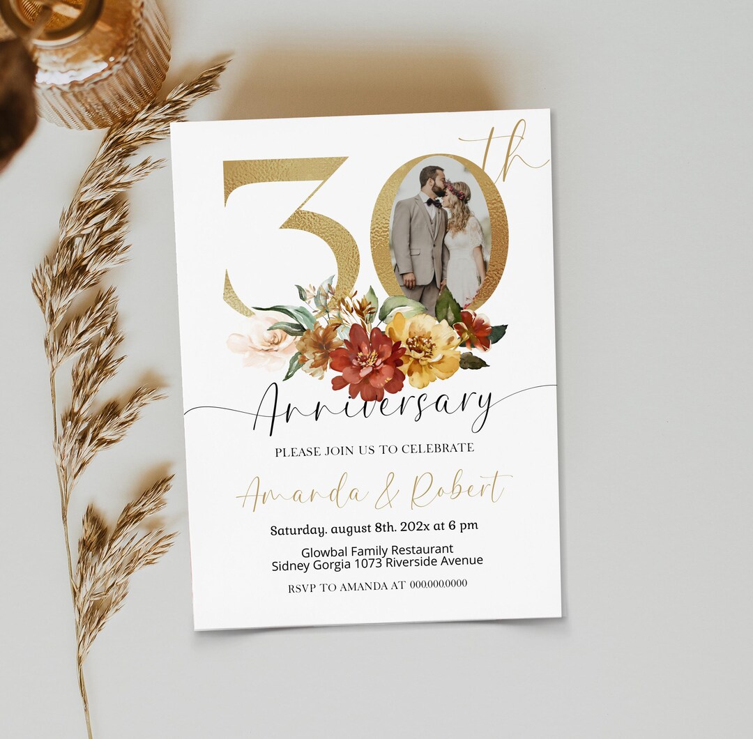 Floral 30th Anniversary Invitation Template, Editable Anniversary Party ...