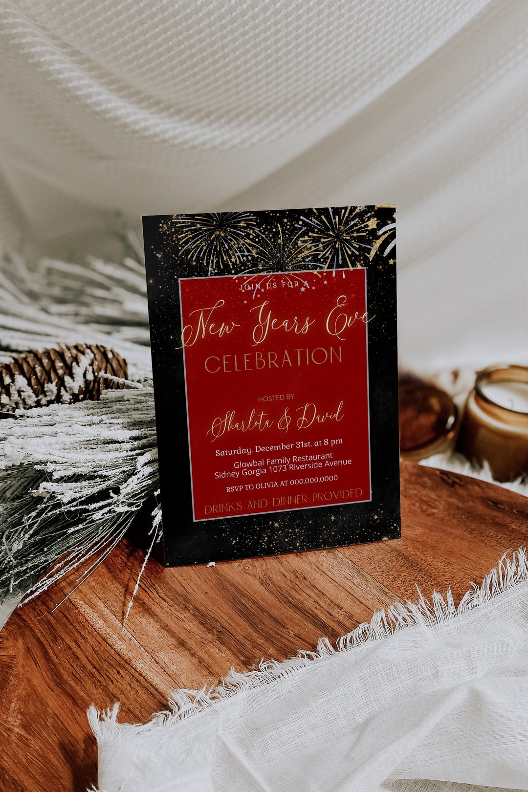 New Years Eve Celebrate Party Invitation Template, Editable Black Red ...