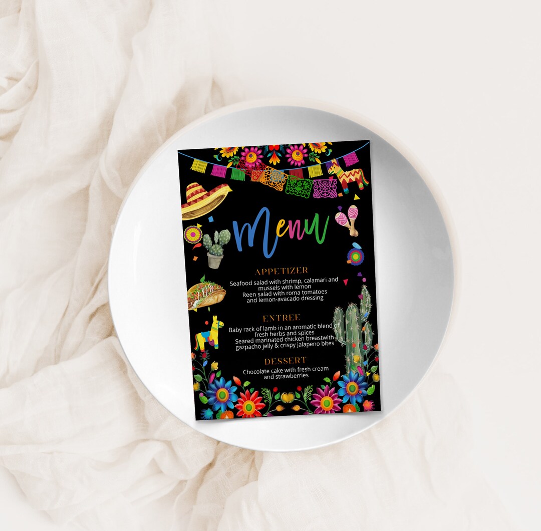Fiesta Party Menu Card Template, Editable Mexican Menu, Cactus ...