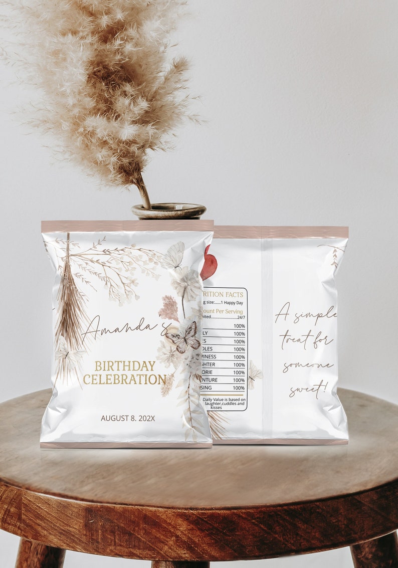 Pampas Grass Birthday Party Chip Bag, Butterfly Chip Bag, Editable Boho ...