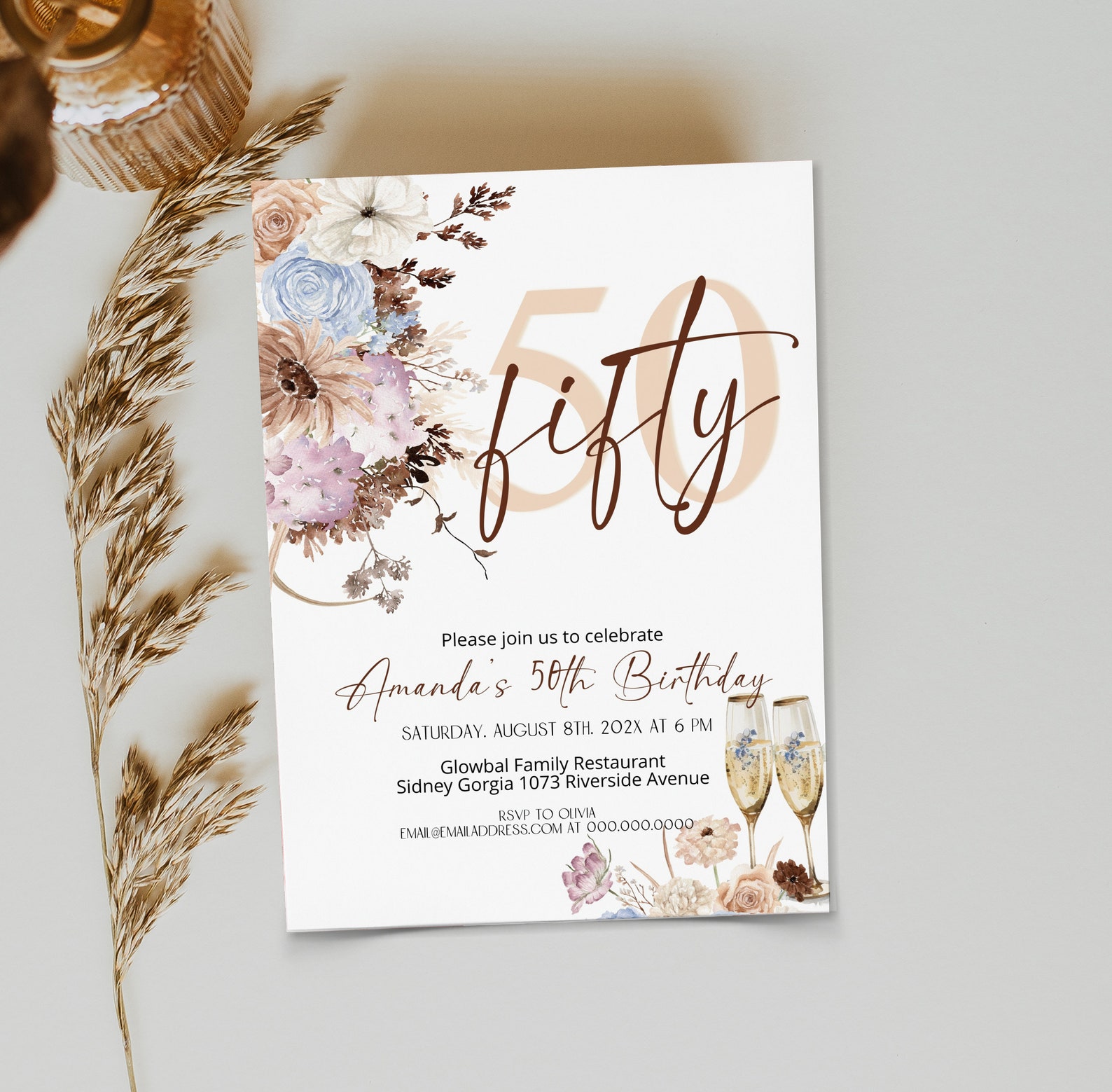 50th Birthday Invitation for Women, 50 Years Boho Floral Birthday Party ...