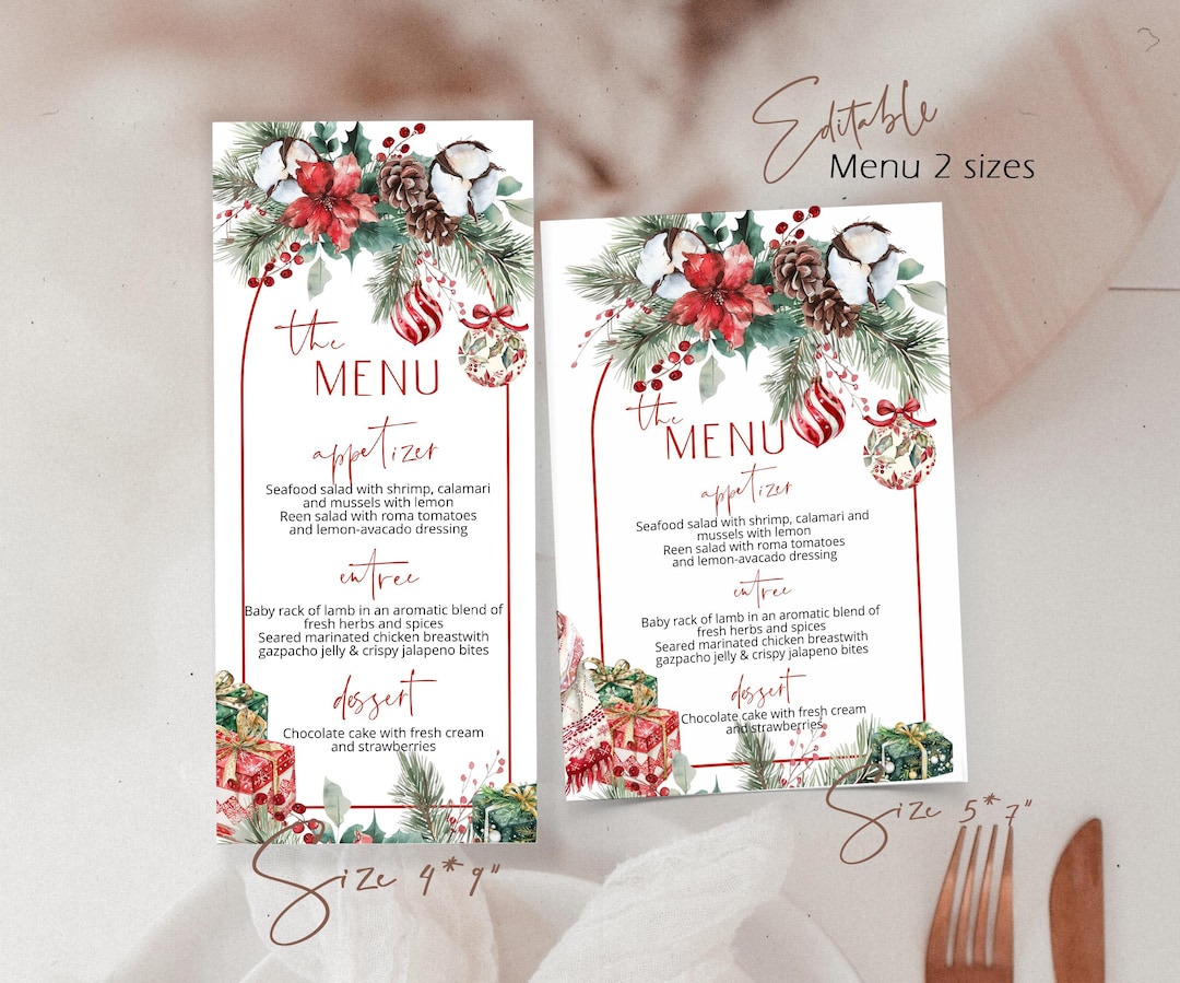Christmas Menu Card Template, Christmas Dinner Menu Card, Rustic ...
