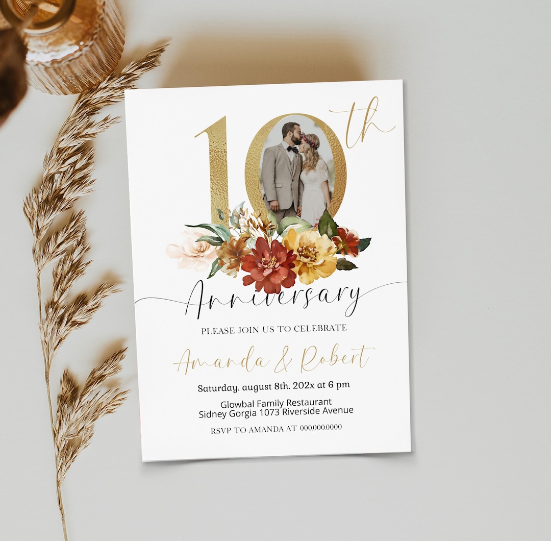Floral 10th Anniversary Invitation Template, Printable Wedding ...