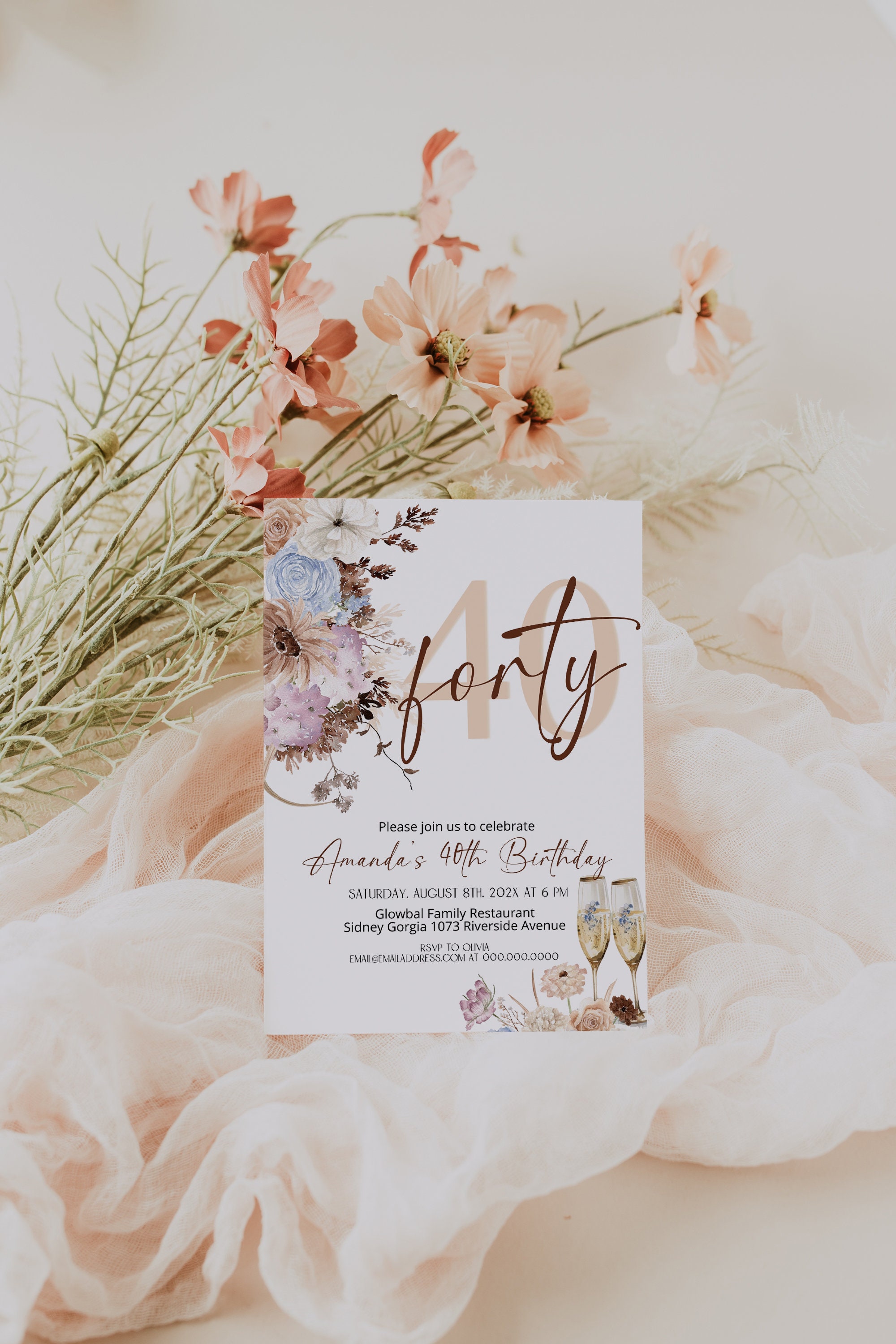 Boho 40th Birthday Invitation Template, Floral Birthday Invitation for ...
