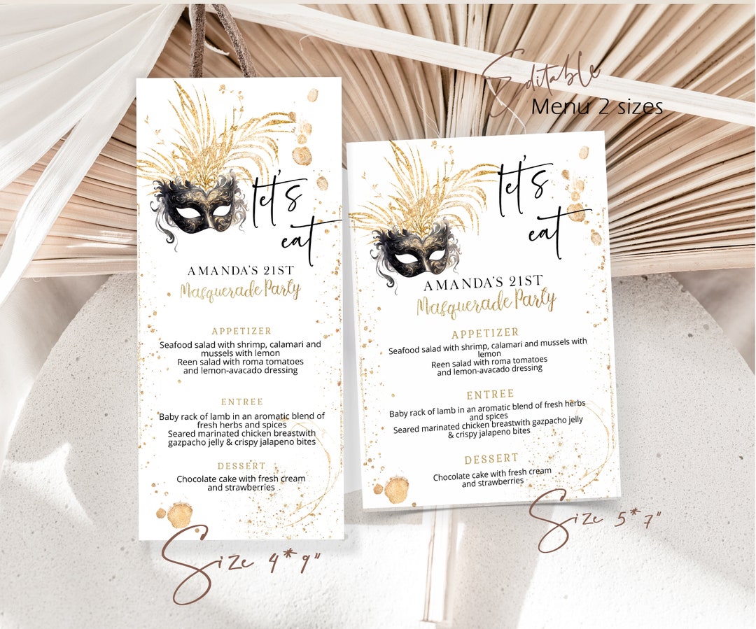 Masquerade Menu Card Template, Editable White Gold Masquerade Menu Card ...