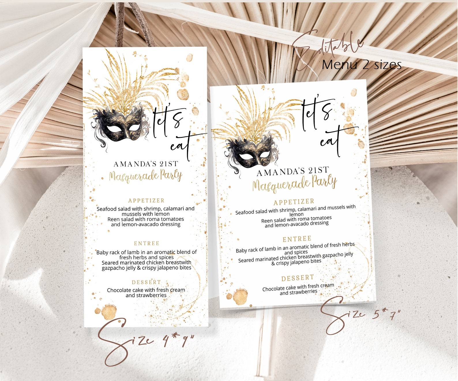 Masquerade Menu Card Template, Editable White Gold Masquerade Menu Card ...