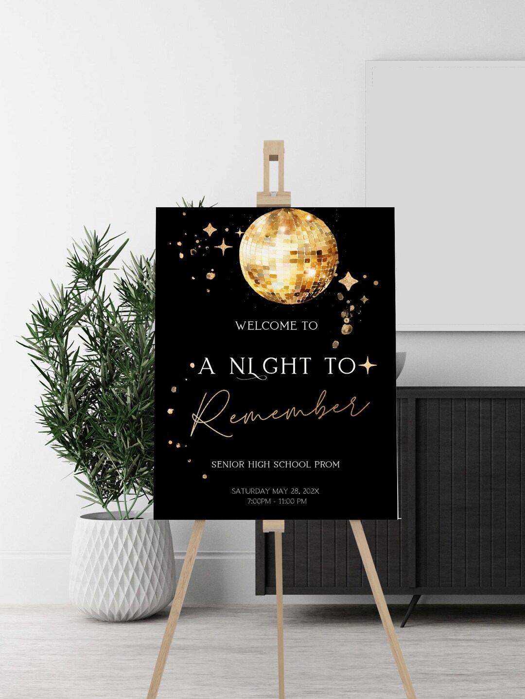 Disco Prom Welcome Sign: Black and Gold Party Decor (editable Template ...